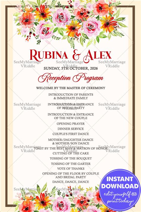 Wedding Reception Program Outline With Romantic Floral Details Seemymarriage