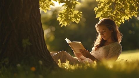 Girl Enjoying Reading A Book Under A Tree Premium AI Generated Image