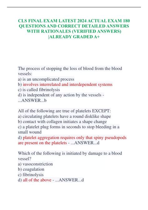 Cls Final Exam Latest 2024 Actual Exam 180 Questions And Correct Detailed Answers With