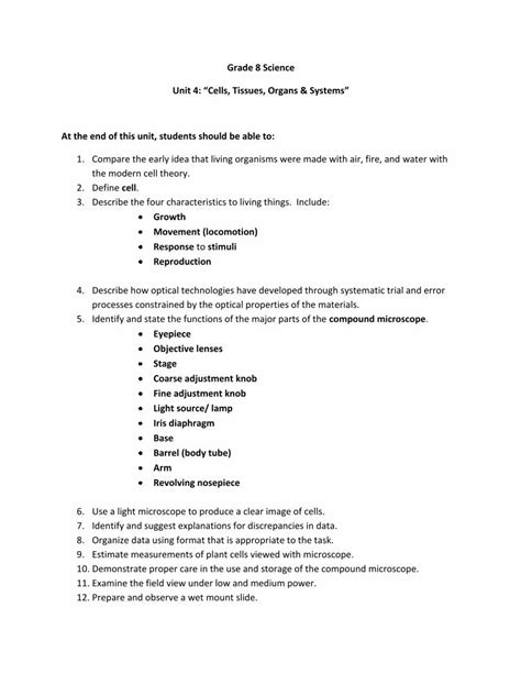 Pdf Grade 8 Science Unit 4 Cells Tissues Organs And Systems