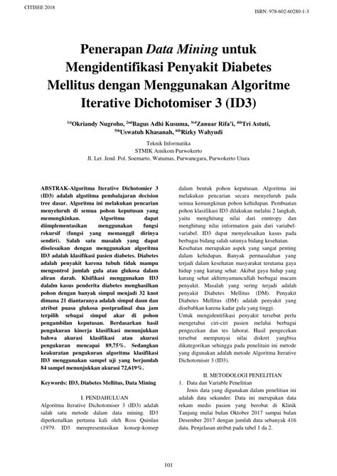 Pdf Penerapan Data Mining Untuk Mengidentifikasi Penyakit Diabetes Mellitus Dengan Menggunakan