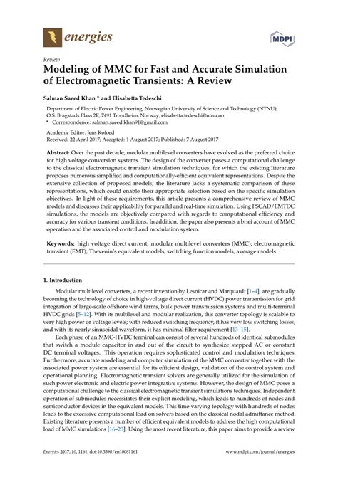 Pdf Modeling Of Mmc For Fast And Accurate Simulation Of Electromagnetic Transients A Review