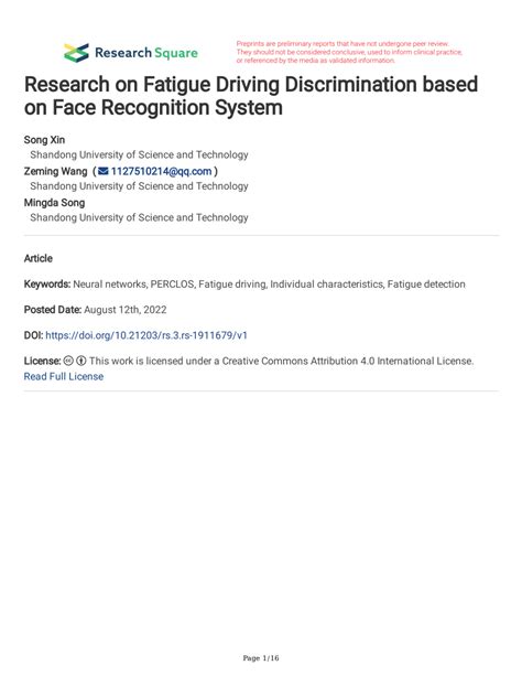 Pdf Research On Fatigue Driving Discrimination Based On Face