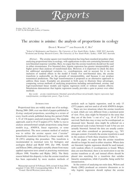 Pdf The Arcsine Is Asinine The Analysis Of Proportions In Ecology