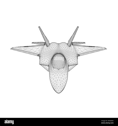 Combat Fighter Jet Wireframe From Black Lines Isolated On White Background Front View 3d