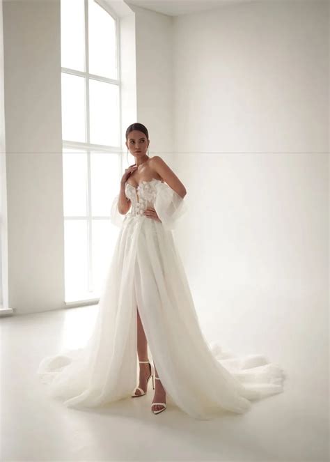 Romantic Off Shoulder Floral Corset Slit Wedding Dress Lunss