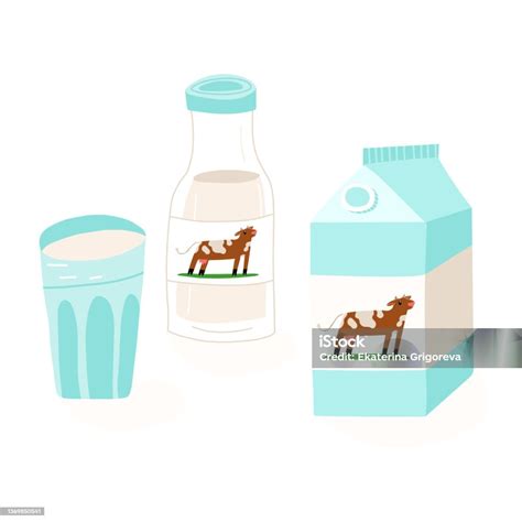 우유 젖소 젖병 판지 상자 포장이 있는 귀여운 손으로 그린 유리에 행복한 소가 라벨에 붙입니다 벡터 만화 스타일 고립 된 그림입니다 건강한 식생활에 대한 스톡 벡터 아트 및
