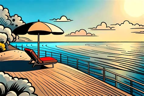 Premium Ai Image Beach With Parasol And Lounge By The Sea Comic Book