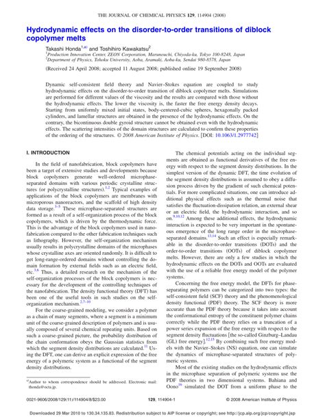 Pdf Hydrodynamic Effects On The Disorder To Order Transitions Of Diblock Copolymer Melts