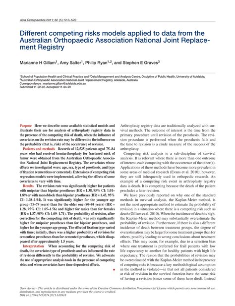 PDF Different Competing Risks Models Applied To Data From The Australian Orthopaedic