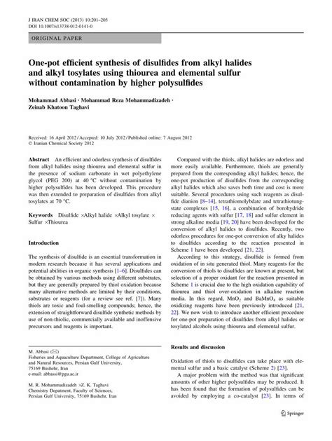 Pdf One Pot Efficient Synthesis Of Disulfides From Alkyl Halides And