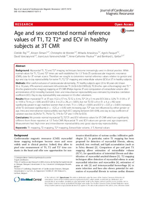 pdf age and sex corrected normal reference values of t1 t2 t2 and