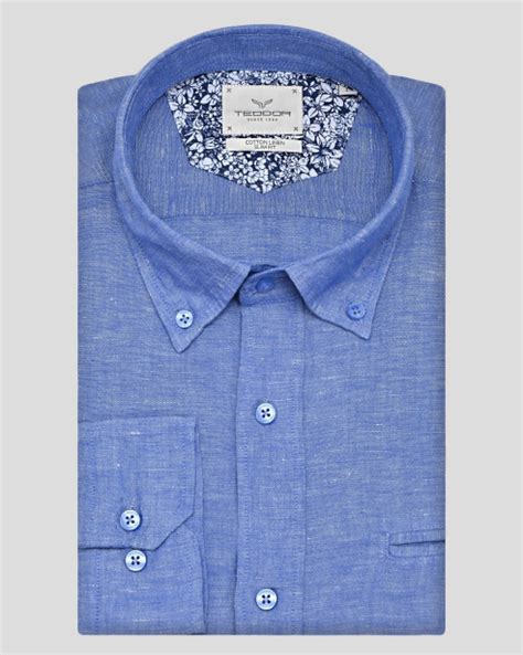 【СИНЯ РИЗА МЕЛАНЖ С НАВИВАЩИ СЕ РЪКАВИ ОТ ЛЕН И ПАМУК 】Цена • • 240135044988 6 — Teodor