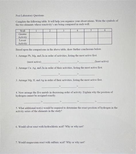 post laboratory questions complete the following