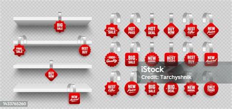 슈퍼마켓 판촉 흔들림이있는 상점 선반 제품 선반 및 광고 흔들림 식료품 벽 랙 판매 또는 할인 라벨 특별 행사 가격표 벡터 일러스트 레이 션 0명에 대한 스톡 벡터 아트 및