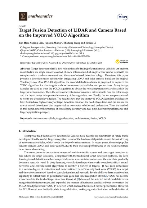 PDF Target Fusion Detection Of LiDAR And Camera Based On The Improved YOLO Algorithm