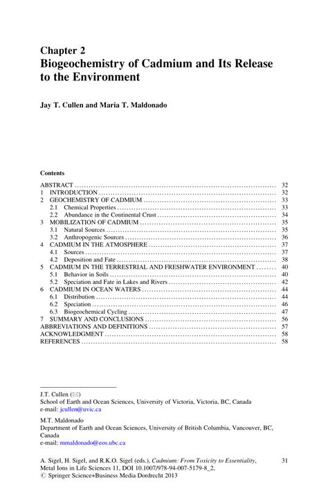 Pdf Biogeochemistry Of Cadmium And Its Release To The Environment