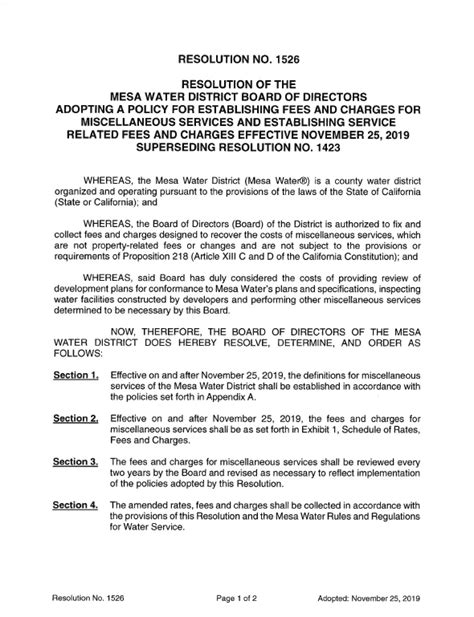 Water Rate And Charge Schedule 2022 Resolution No 1526 Mesa Water District