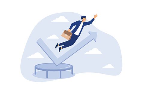 주식 시장 반등 하락 하는 사업을 극복 하 고 이익 또는 리더십 및 성취 개념을 성장 녹색 상승 성능 화살표 그래프와 트램폴린에 높은 반송 하는 사업가 점프 개념에 대한