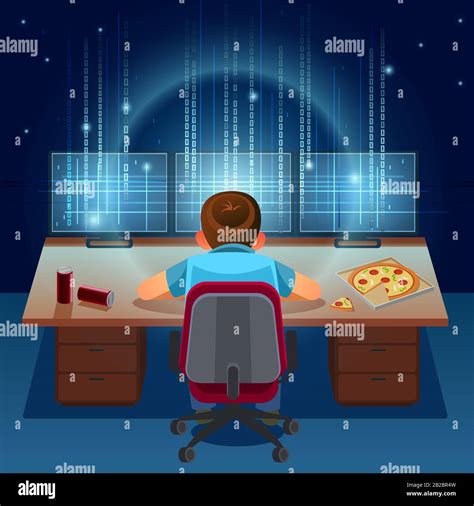 Hacker Working On A Code On Dark Digital Background With Digital Interface Around Binary