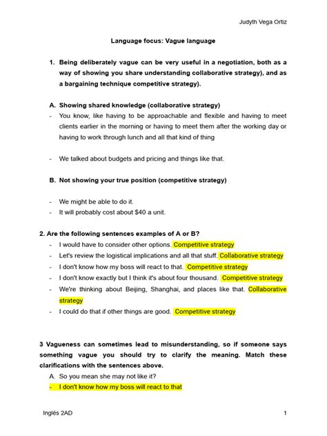 Language Focus Vague Language Pdf Strategic Management Vagueness