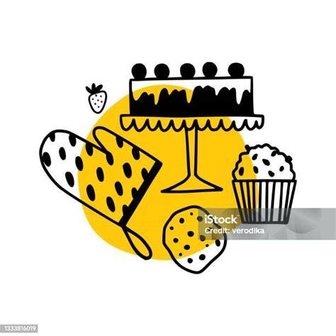 주방 낙서 아트 포스터 귀여운 케이크 쿠키 오븐 장갑에 제빵사를위한 스케치 벡터 일러스트 오븐에 굽기에 대한 스톡 벡터 아트 및 기타 이미지 Istock