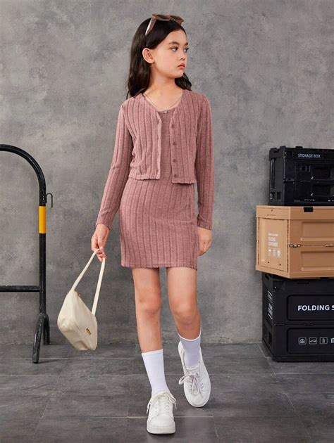 Shein Leap Crew Tween Girls Solid Color Knit Camisole Dress With Open