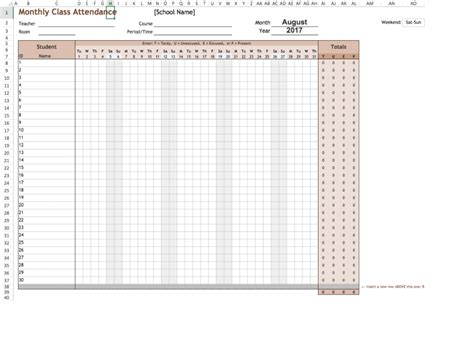 Monthly Class Attendance Form Excel Template
