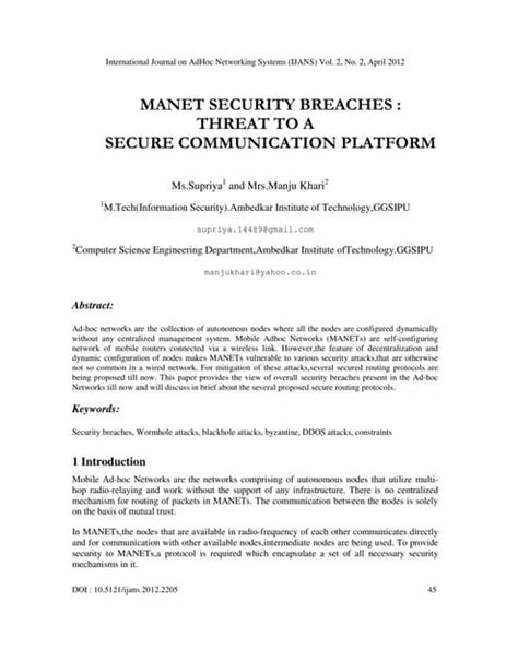 Manet Security Breaches Threat To A Secure Communication Platform Pdf