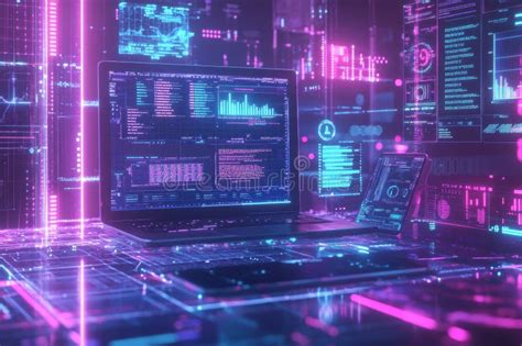 Futuristic Digital Workspace Featuring Laptop With Holographic Dashboards And Data