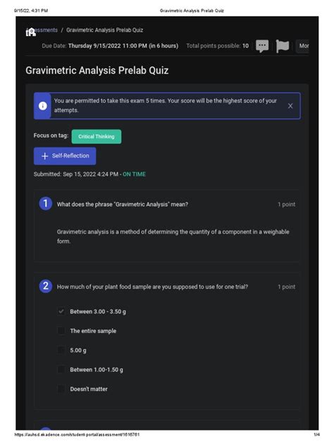 Gravimetric Analysis Prelab Quiz Pdf Fertilizer Physical Sciences