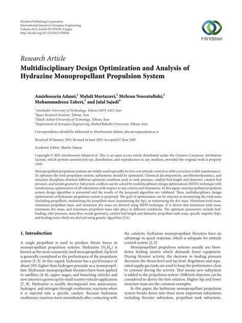 Pdf Multidisciplinary Design Optimization And Analysis Of Hydrazine Monopropellant Propulsion