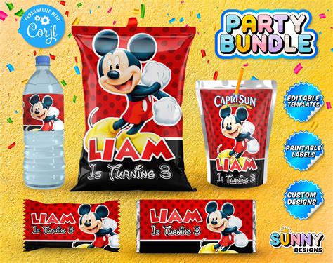 Editable Mickey Mouse Labels 5 Labels Party Bundle Chip Bag Juice Bag Water Bottle Rice Treats