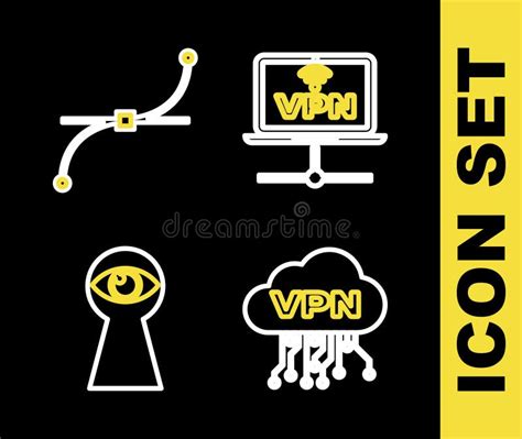 Set Line Vpn Computer Network Cloud Interface Keyhole With Eye And Bezier Curve Icon Vector