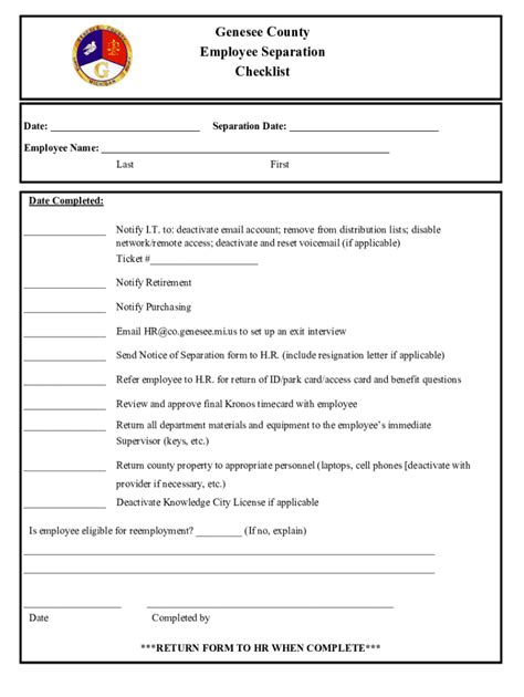 Fillable Online Genesee County Employee Separation Checklist Fax Email Print Pdffiller