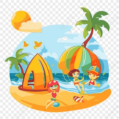 텐트와 우산 만화와 함께 해변에서 여름 장면 클립 아트 어린이 벡터 Png 일러스트 무료 다운로드 Lovepik