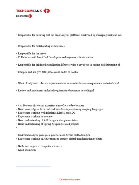 Techcombank Senior Java Developer Jd 3 Pdf Software Development Databases