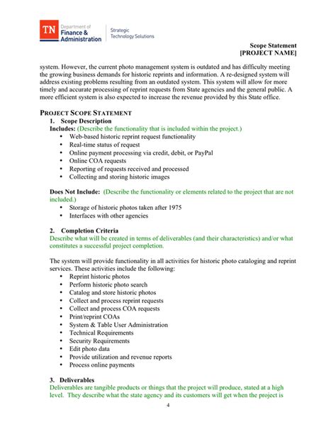 Scope Statement Template In Word And Pdf Formats Page Of