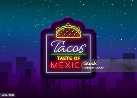 타코 기호 벡터입니다 네온 사인에 멕시코 음식 타코 길거리 음식 패스트 푸드 스낵 밝은 네온 간판 빛나는 야간 광고 타코 멕시코 음식 카페 레스토랑 스낵바 식당 식사