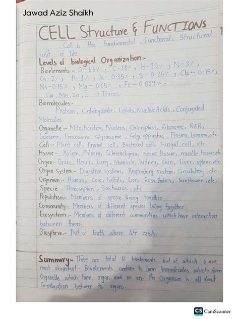 Cell Structure And Function Notes By Jawad Aziz Shaikh Pdf