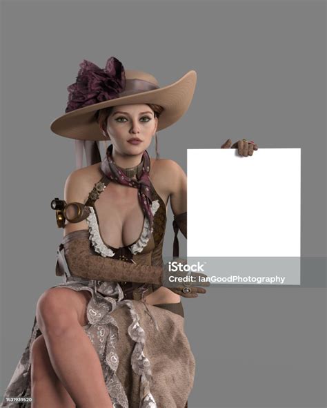 이벤트 통지를위한 복사 공간이있는 빈 모의 사인을 들고있는 아름다운 Steampunk 여성 회색 배경에 고립 된 3d 렌더링 스팀펑크에 대한 스톡 사진 및 기타 이미지