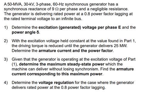 Solved A MVA KV Phase Hz Synchronous Generator Chegg Com