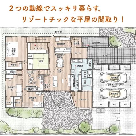 2つの動線でスッキリ暮らすリゾートチックな平屋の間取り folk
