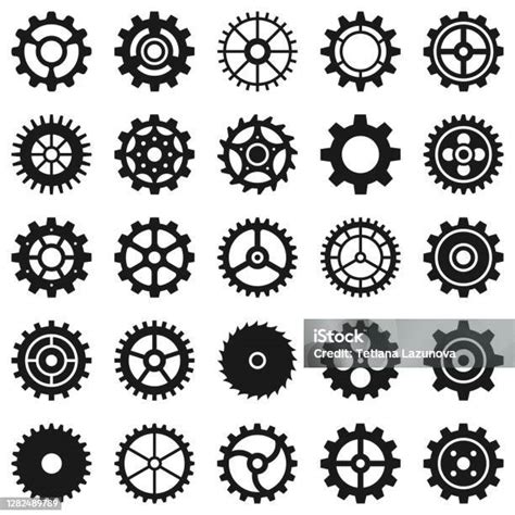 기어 변속기 톱니바퀴 와 기계 기어링 기술 메커니즘 엔지니어링 모터 앱 버튼 블랙 실루엣 아이콘 벡터 세트 개체 그룹에 대한