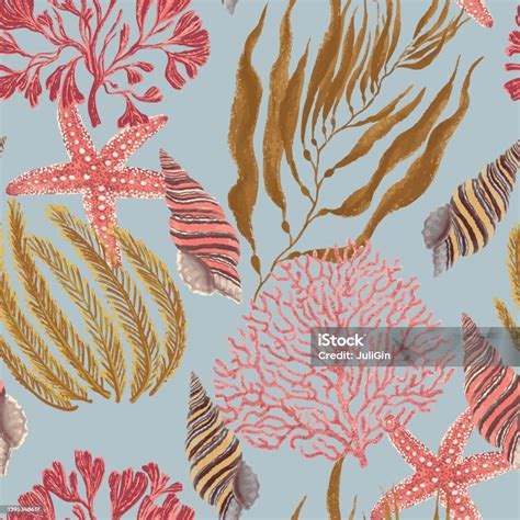 산호 조개 불가사리 및 조류의 다채로운 해양 이음새가 없는 패턴 조류에 대한 스톡 벡터 아트 및 기타 이미지 조류 페인트
