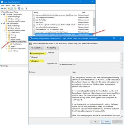 Power Options Sleep Shut Down Restart Missing From Start Menu In