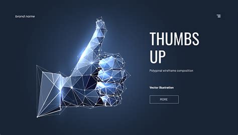 손 엄지 손가락 낮은 다각형 와이어 프레임 스타일 파란색 배경에 격리된 추상입니다 별이 빛나는 하늘의 형태로 제스처 손 개발 승인 기호입니다 플렉서스 라인과 실루엣의 포인트