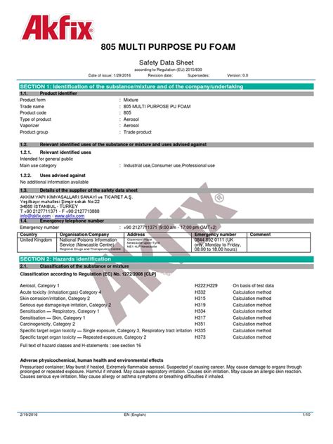 805 Multi Purpose Pu Foam Safety Data Sheet Download Free Pdf Dangerous Goods Toxicity