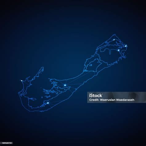 추상 Wireframe 메쉬 다각형 지도 와 버뮤다 와 빛 와 도시 통하고 있는 진한 파란색 배경 벡터 일러스트 레이 션 Eps10 0명에 대한 스톡 벡터 아트 및 기타