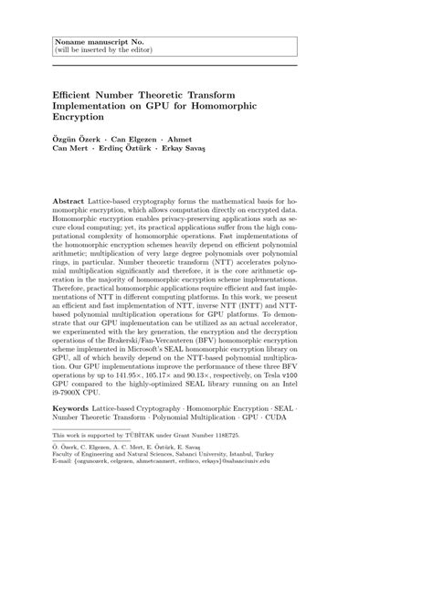 Pdf Efficient Number Theoretic Transform Implementation On Gpu For Homomorphic Encryption